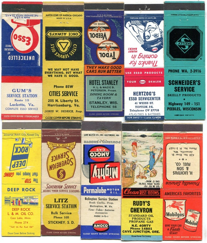 100 GASOLINE STATION FRONT STRIKE MATCHCOVERS - ALL BRAND NAME GASOLINE ...
