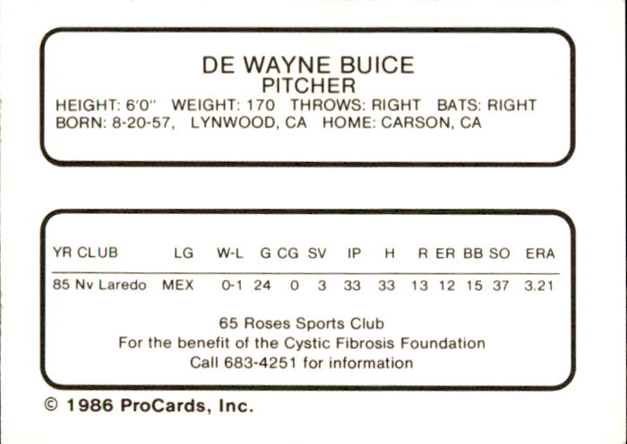 1986 Midland Angels ProCards #3 DeWayne Buice Carson California CA ...