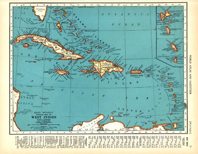 1939 Vintage CARIBBEAN Map West Indies Map Cuba Puerto Rico Jamaica Map ...
