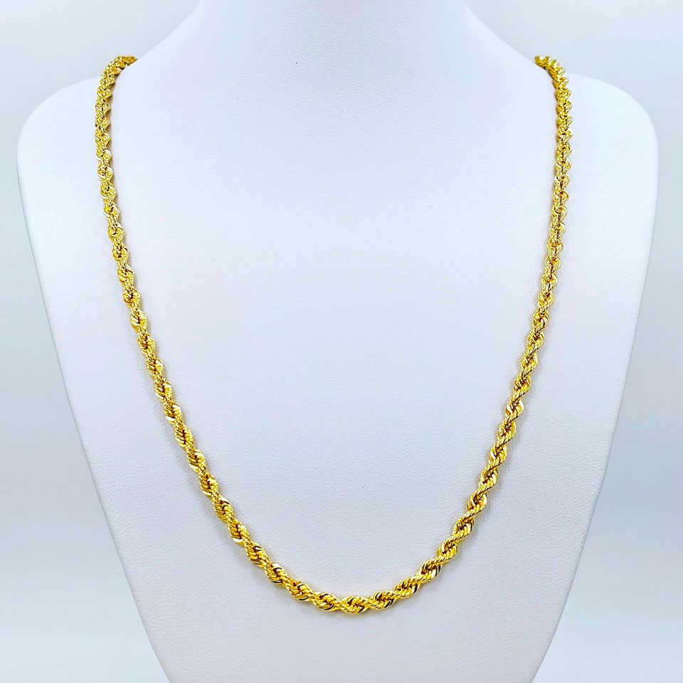 22K Yellow Gold Rope Chain Necklace 24 in Hollow 3.6mm Genuine ...