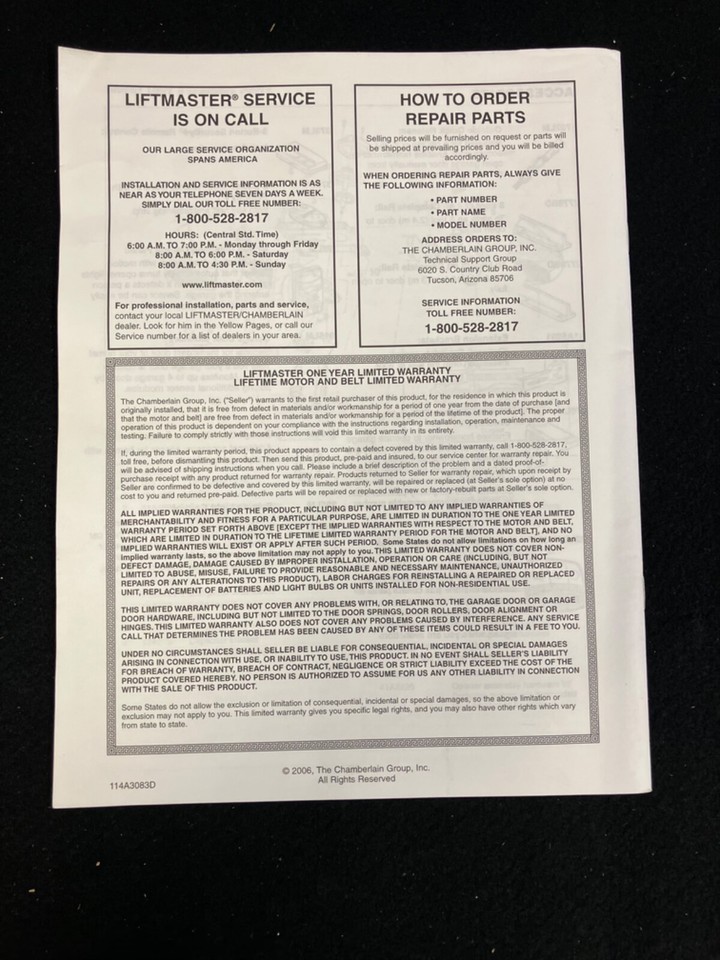 CHAMBERLAIN LIFTMASTER 3280, 3280-267 1/2HP GARAGE DOOR OPENER OWNER'S ...