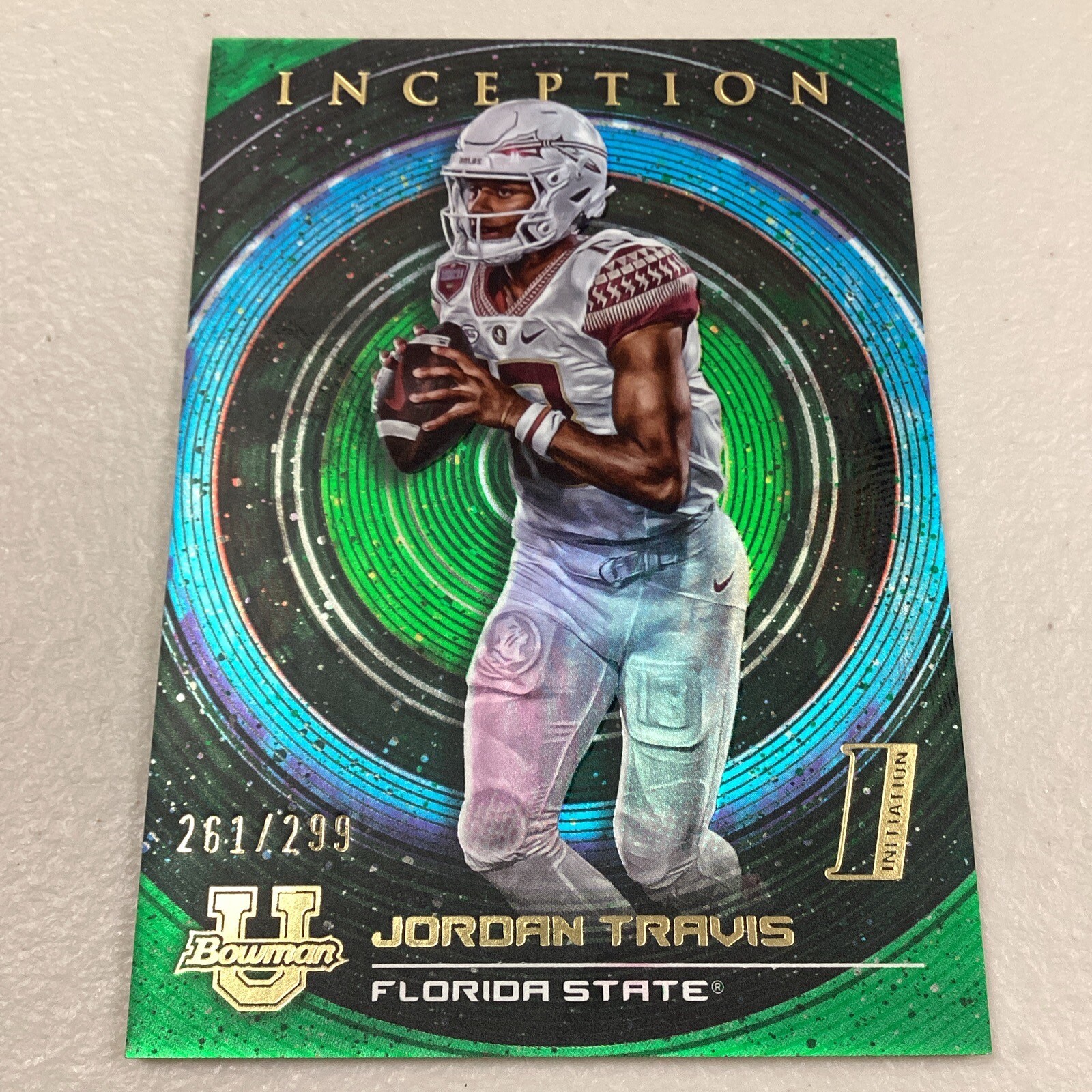 Jordan Travis Rookie Bowman University Inception 1st Green /299 FSU GEM ...