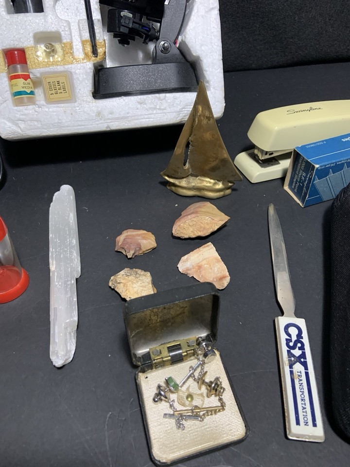 Grandpa's Vintage Junk Drawer Lot -Science, Artifacts, Brass, Tie Pins ...
