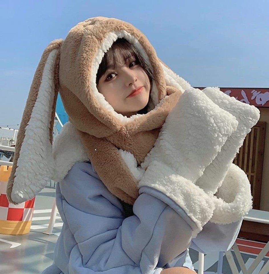 Women Cute Rabbit Ear Plush Beanie Cap Outdoor Fluffy Bunny Hat Scarf ...