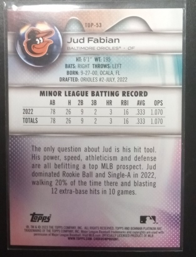 2023 Bowman Platinum Baseball Jud Fabian Ice Foil Prospect/#TOP-53/NRMT ...