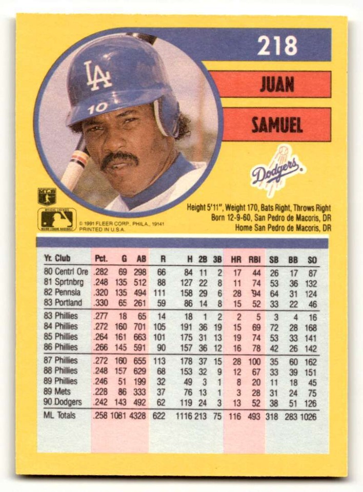 1991 Fleer #218 Juan Samuel Los Angeles Dodgers Baseball Cards EX/NM ID ...