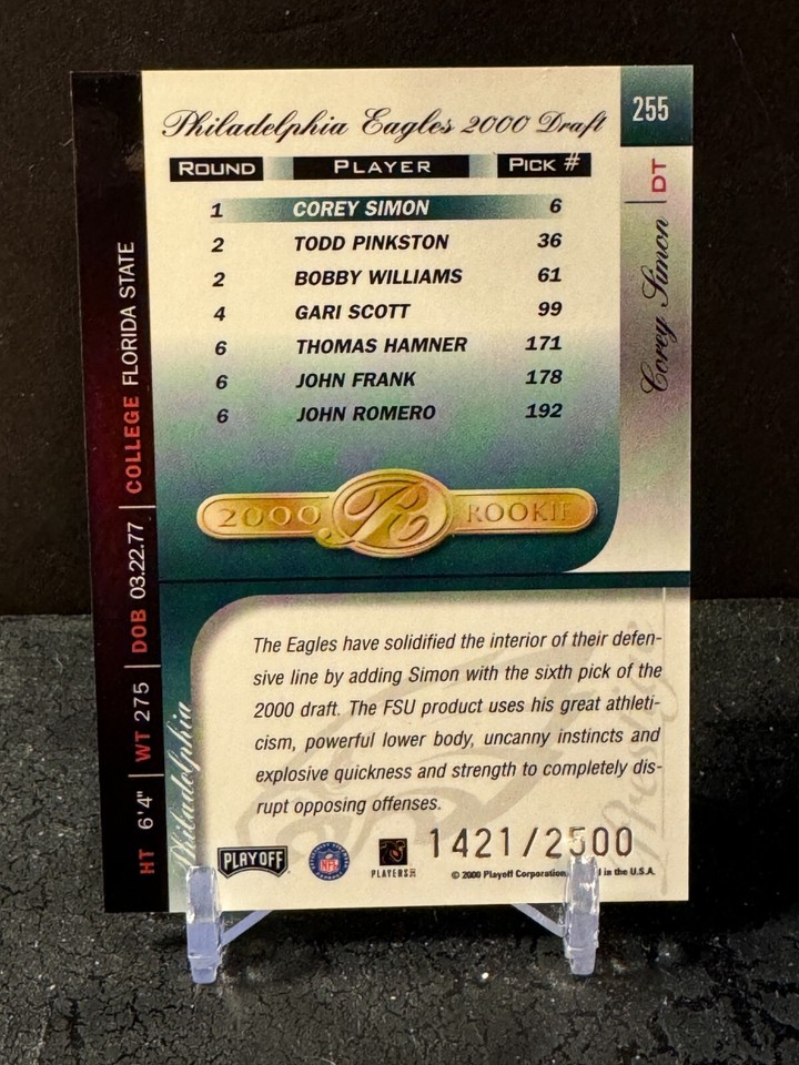 2000 Prestige Football Corey Simon Rookie RC Card #255 #1421/2500 | eBay