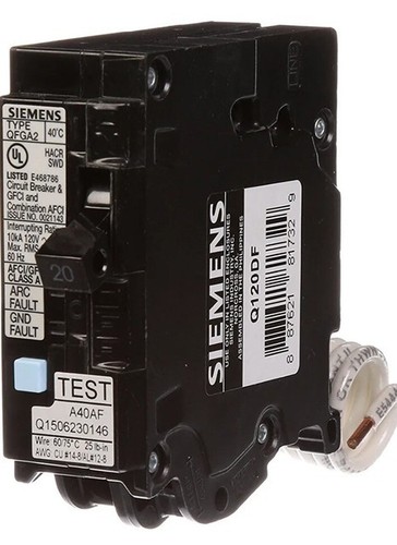 Siemens Q120DF 1 Pole 20 Amp 120V QFGA2 AFCI/GFCI Dual Function Circuit ...