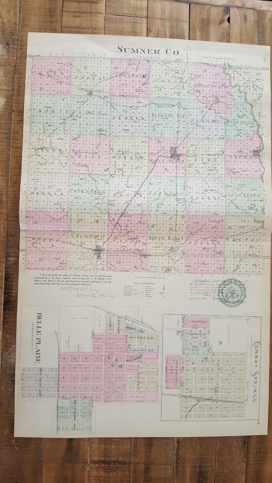 Antique Colored MAP - SUMNER COUNTY + CONWAY SPRINGS - 1887 KANSAS ...