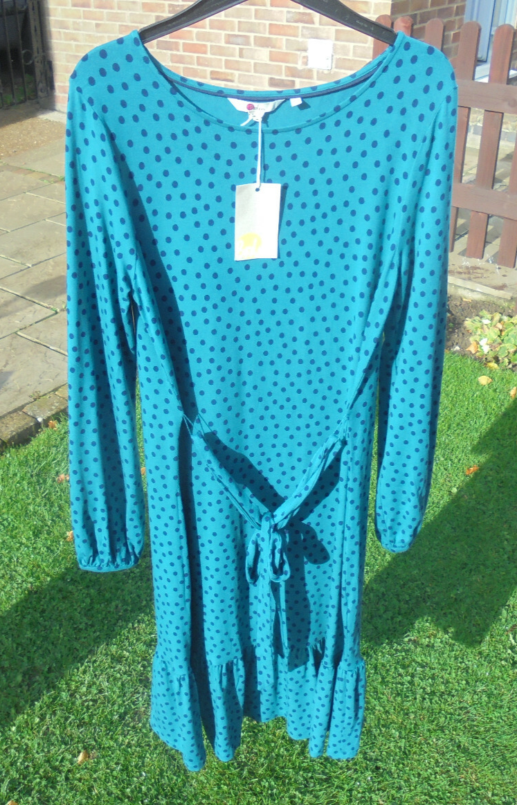 BODEN Holly Jersey Dress size 12 reg green + navy polka dot --J0230 ...