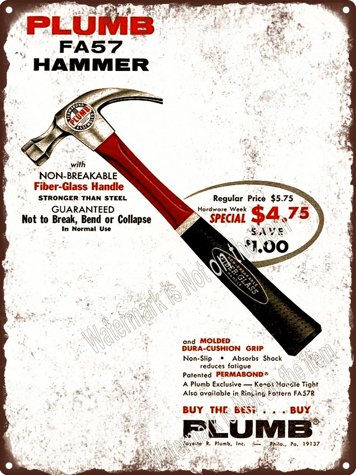 1965 Plumb FA57 Hammer Fiberglass Garage Shop Man Cave Metal Sign 9x12 ...