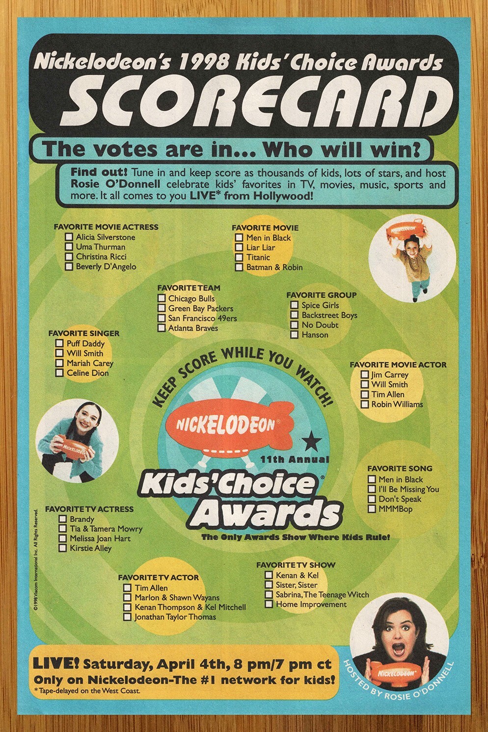1998 Nickelodeon Kids' Choice Awards Vintage Print Ad/Poster 90s TV ...
