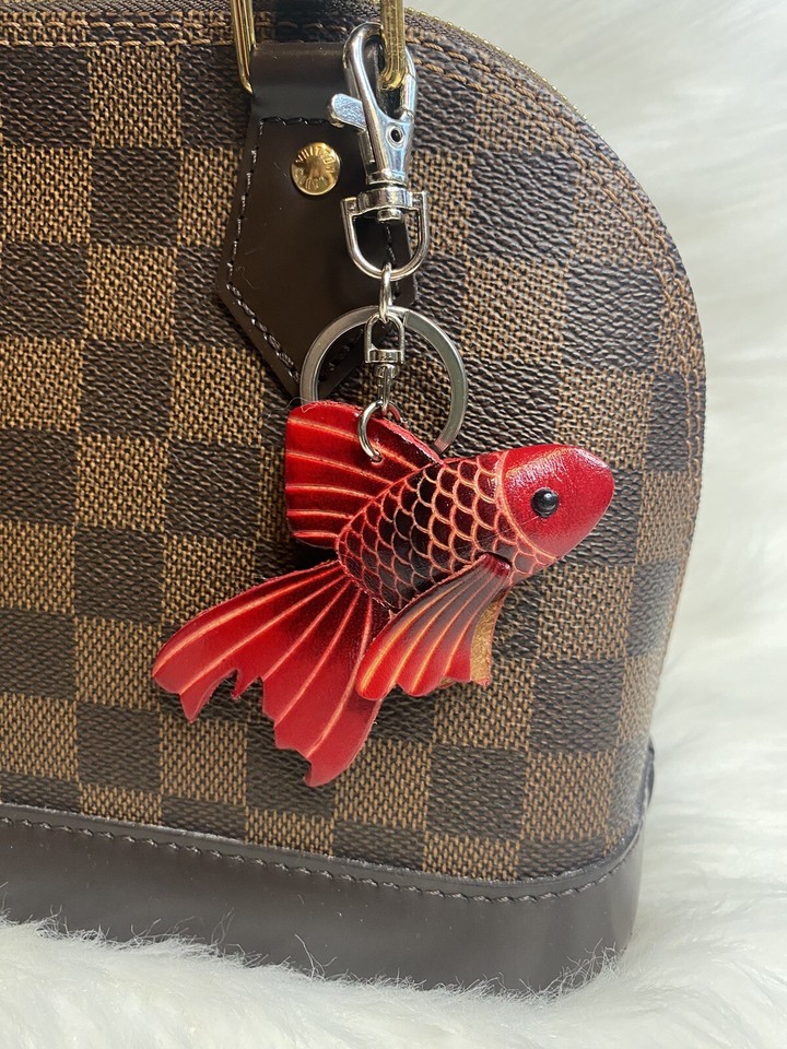 leather Red Fish bag charm Keyring Keychain Car Key Fob handmade gift ...