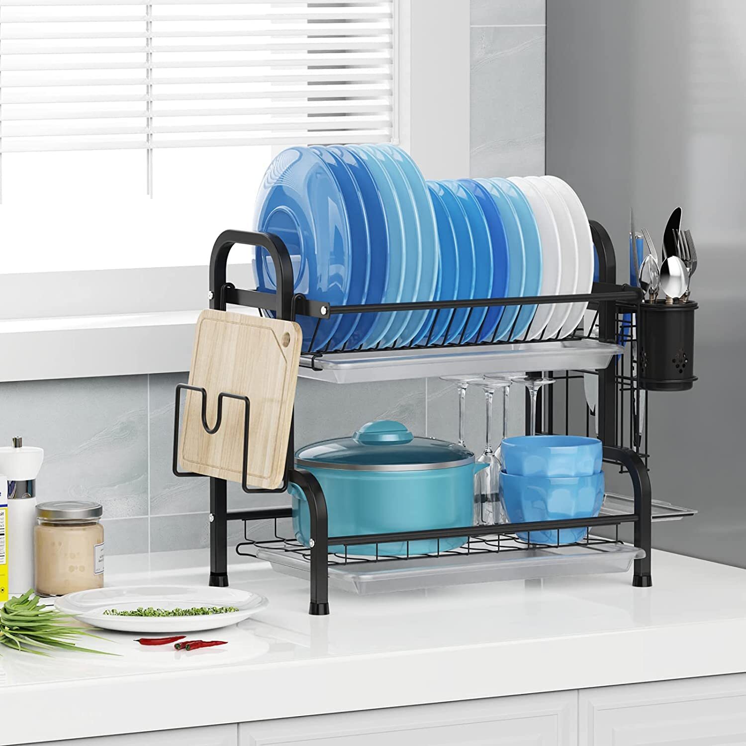 Dish Rack 2 Tier Dish Dryer Drainer Dish Drying Rack Drip Trays Kitchen ...