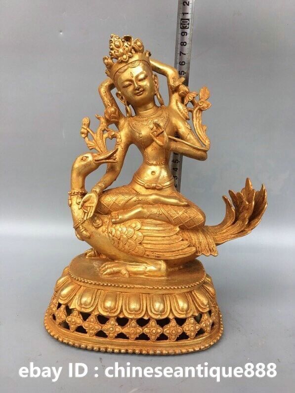 11.4" Tibet Buddhism temple bronze Gilt Ride duck Tara Kwan-Yin GuanYin ...