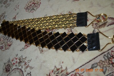 Large funky black enamel squares stretchy Belt buckle w/leather ends | eBay