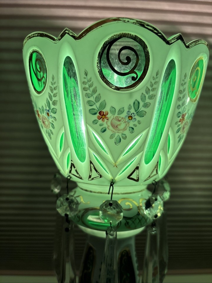 Antique Pair Czech Bohemian Mantle Luster Lamps ~ Cased Glass White Cut ...