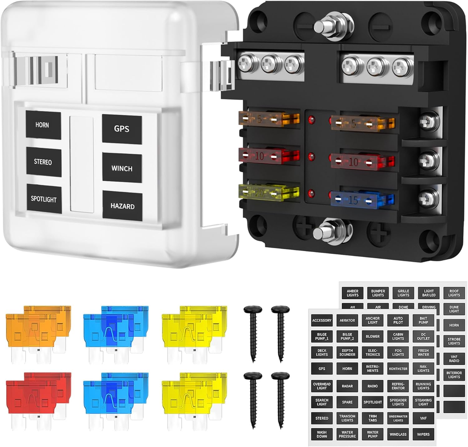 12V Fuse Block 6 Way 12 Volt Fuse Box ATO/ATC Marine Fuse Panel with ...