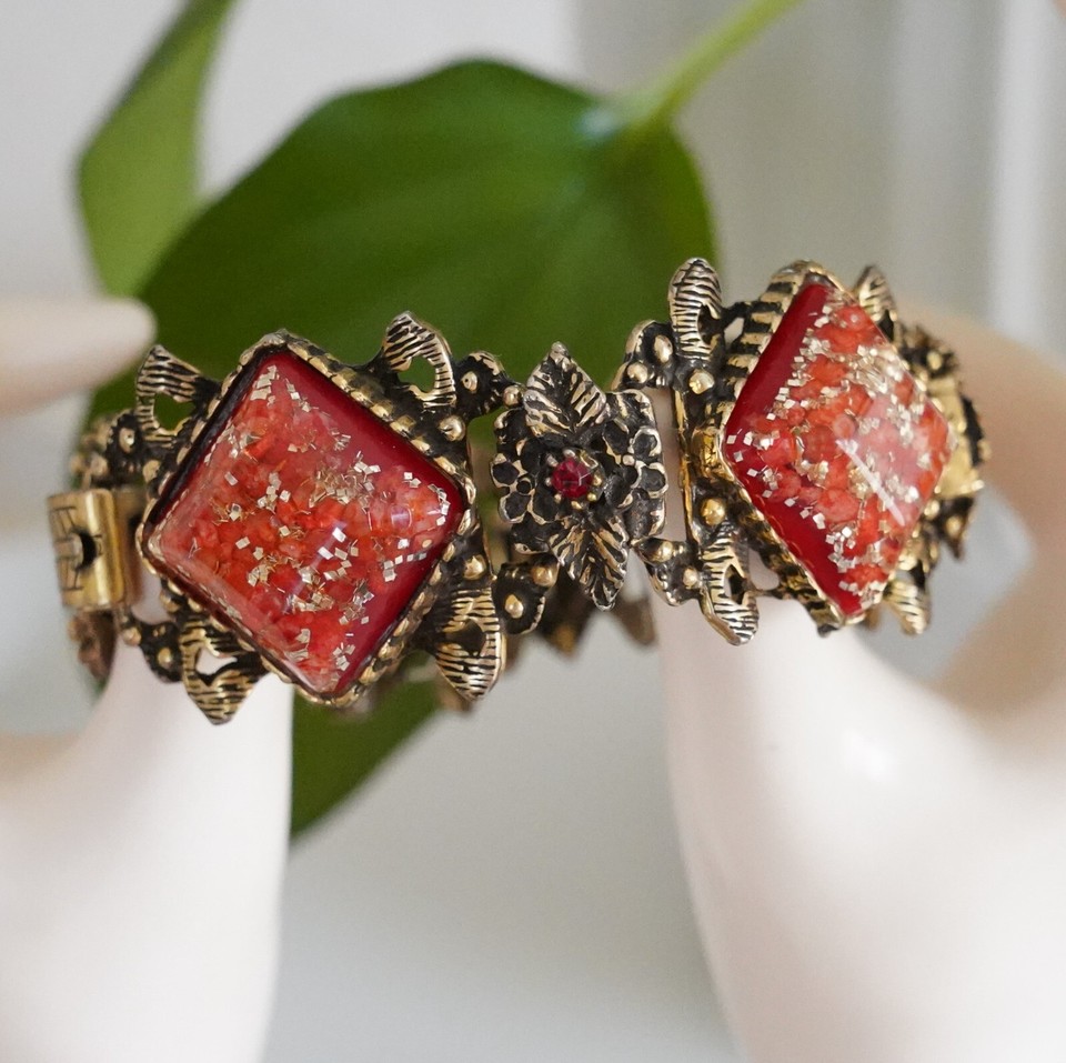 Selro Ornate Red Gold Confetti Lucite Rhinestone Bracelet Earring Set ...