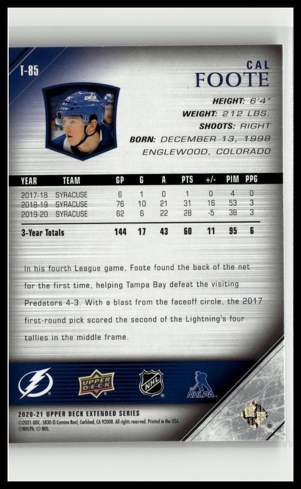 2020-21 Upper Deck #T-85 Cal Foote 2005-06 Upper Deck Tribute | eBay