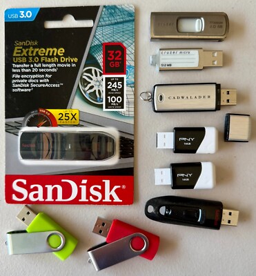 Lot of 9 Thumb Drives: SanDisk, PNY, Cadwalader; USB 2 & 3;Various ...