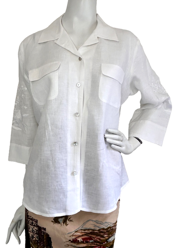 Edward 100% Irish Linen Floral Embroidered Sleeve Button Up White Size ...