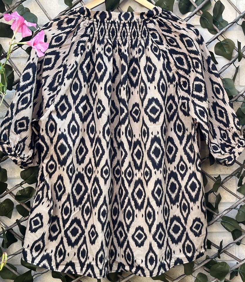 Ping Pong Blouse Top Sz 16 X Tan Black Geometric 1/2 Puff Sleeve 100% ...