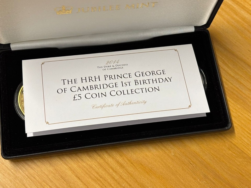 3 x 2014 GOLD & SILVER PLATED £5 COINS, PRINCE GEORGE 1ST BIRTHDAY ...