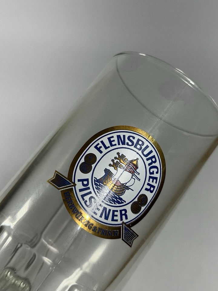 Rare Flensburger Pilsner German Beer Pint Heavy Glass Mug with Handle w ...