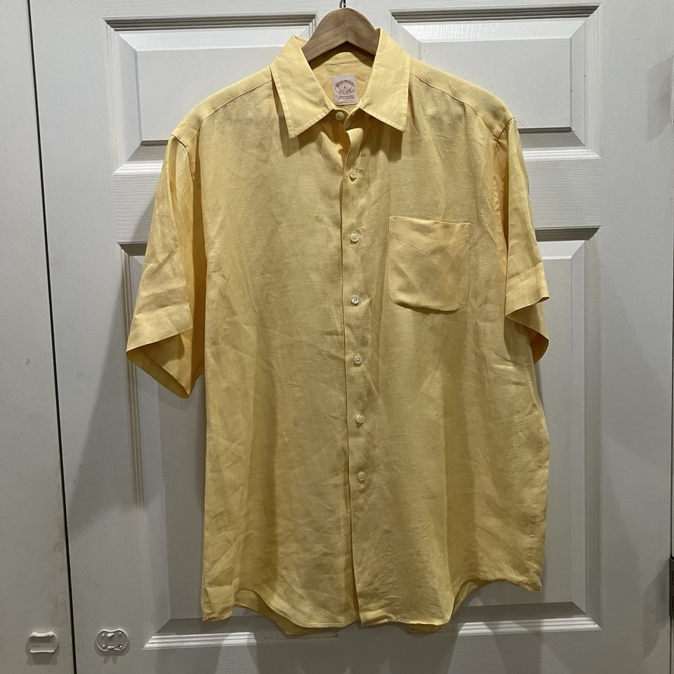 Brooks Brothers Irish Linen Men’s Large Yellow Button Down Shirt Short Sleeve | eBay