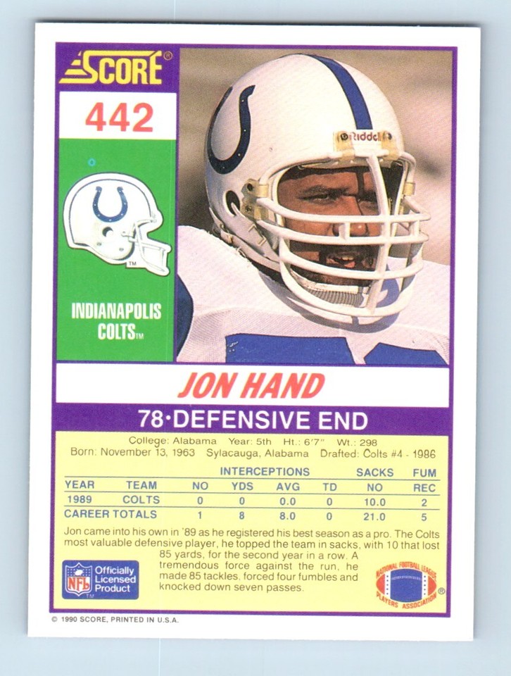 1990 Score Jon Hand Indianapolis Colts #442 | eBay