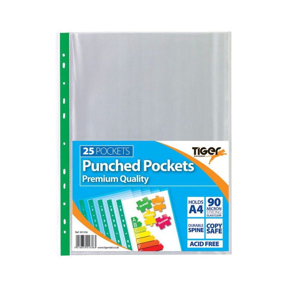A4 Premium 90 Micron Strong Clear Plastic 25 Punch Punched Pockets ...