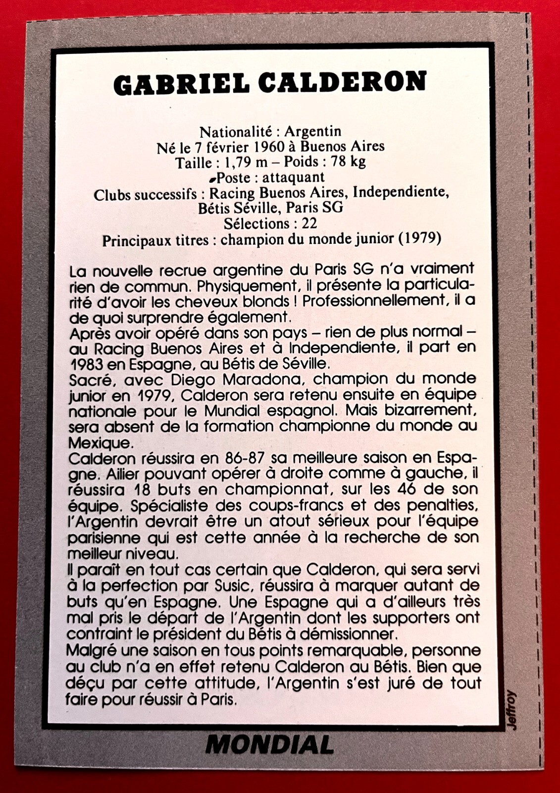 GABRIEL CALDERON PARIS PSG 1987 ROOKIE CARD FICHE MONDIAL COLLECTION ...