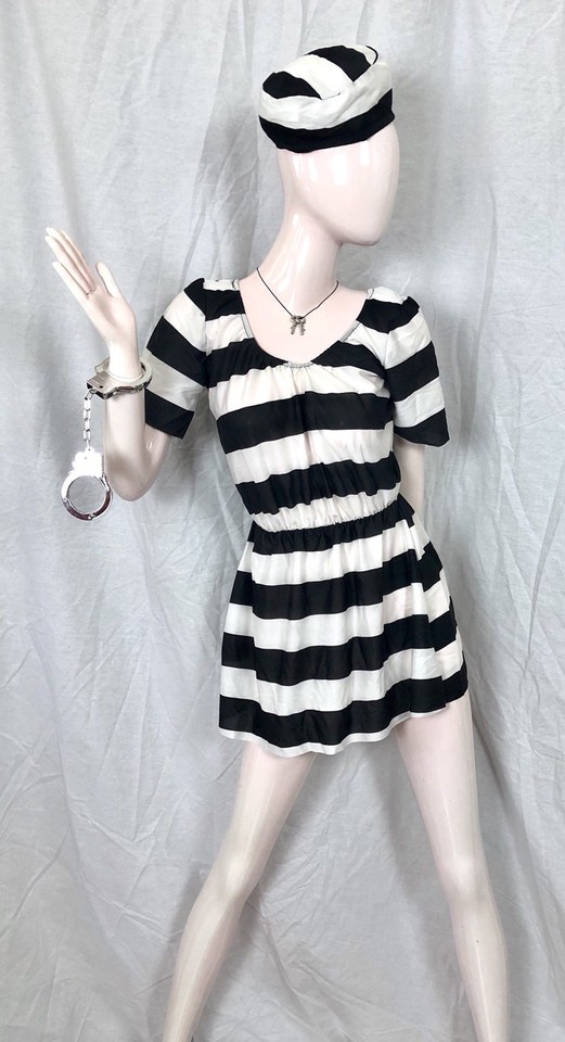 4 PC Lady PRISONER COSTUME Escaped Inmate CONVICT Jail STRIPED Dress ...