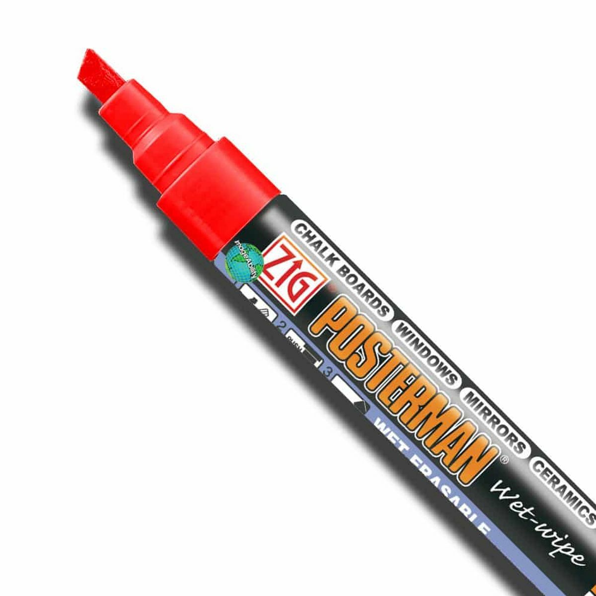 RED Zig Posterman Wet-Wipe Broad Chisel 6mm eRaSaBLe Liquid CHALK ...