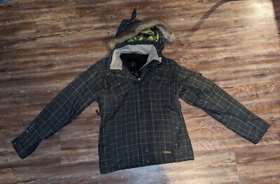 Liquid Boardwear grey plaid ski jacket w/ faux fur trimmed hood Medium ...