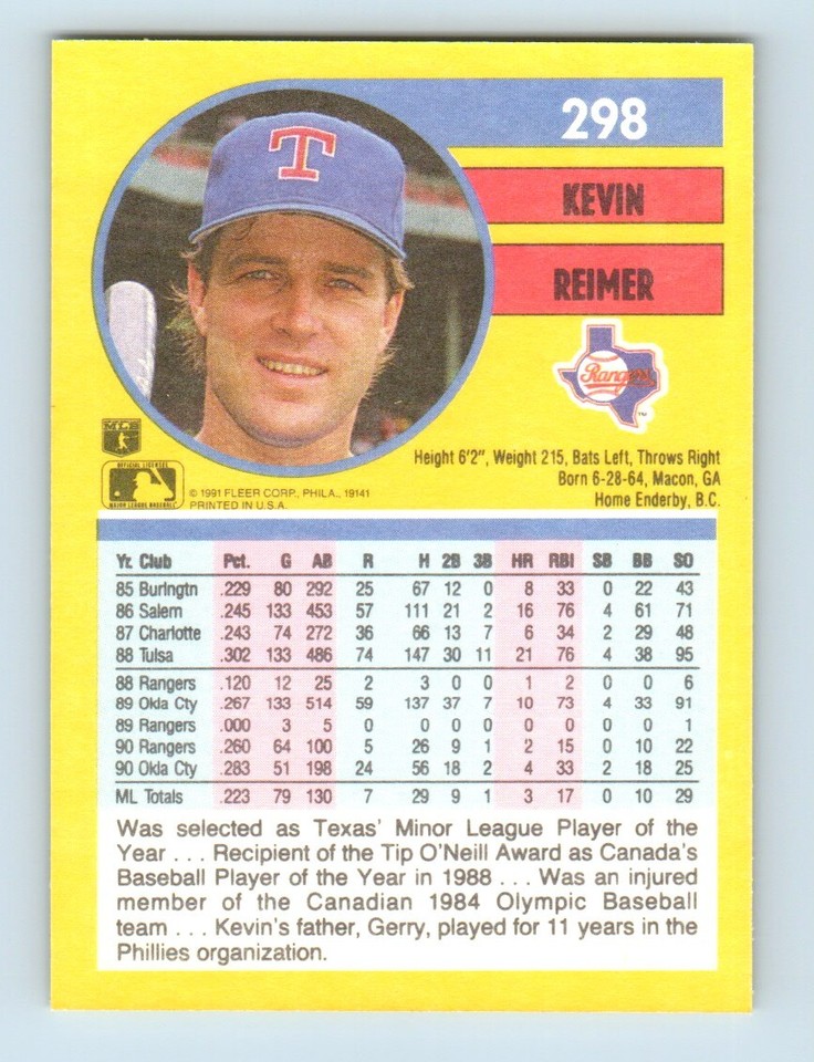 1991 Fleer Kevin Reimer Texas Rangers #298 | eBay