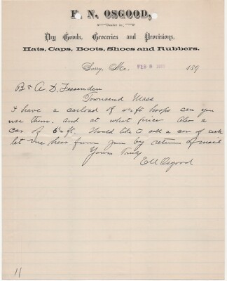1895 EN OSGOOD HATS CAPS BOOTS SHOES RUBBER PROVISIONS GROCERIES SURRY ...