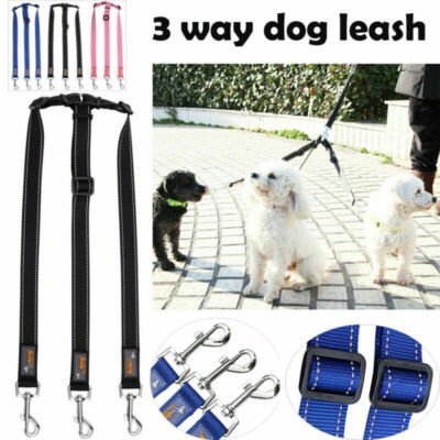 S/M Adjustable 3 Way Dog Leash Lead Triple Coupler Nylon Rope No Tangle ...