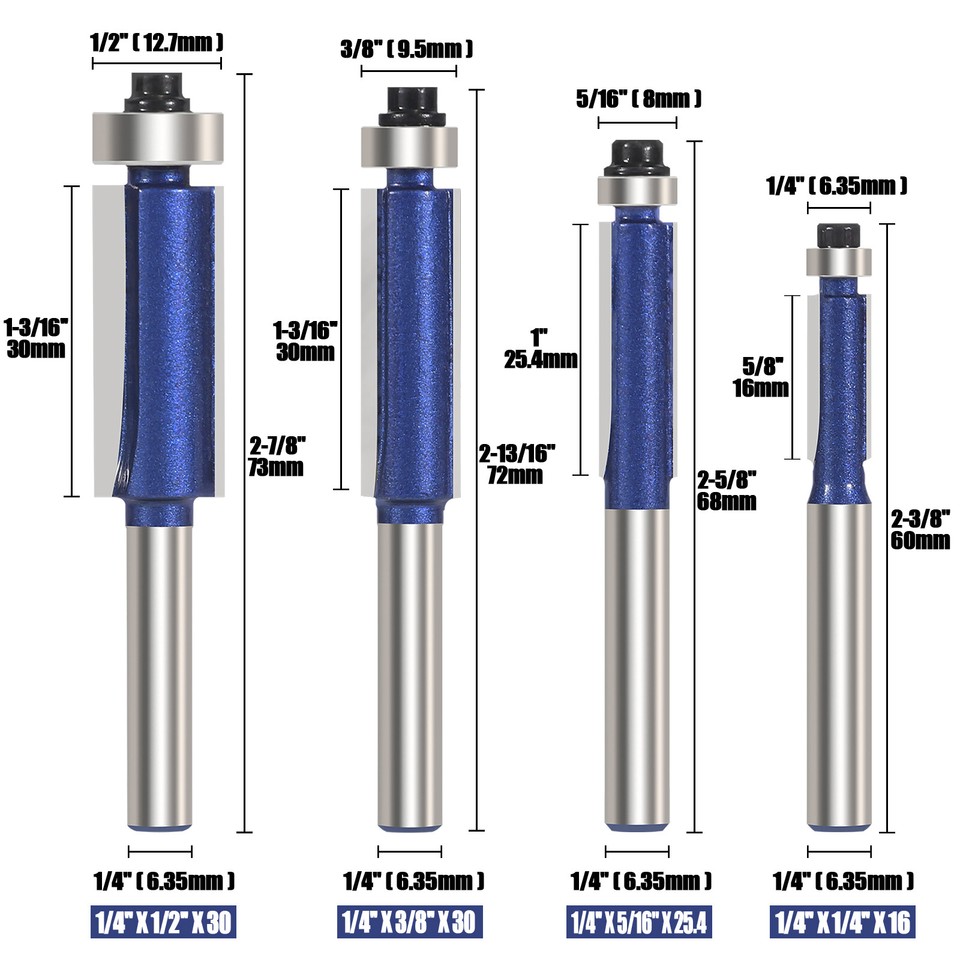 4PC 1/4" Shank Straight Flush Trim Router Bit Set Top Bearing ...