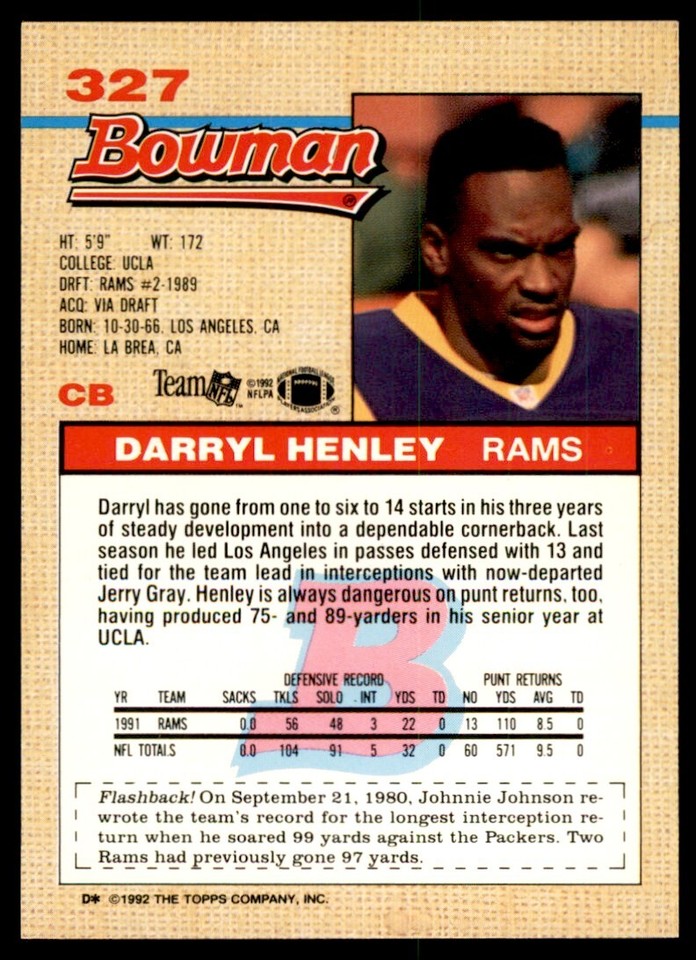 1992 Bowman Darryl Henley Los Angeles Rams #327 | eBay