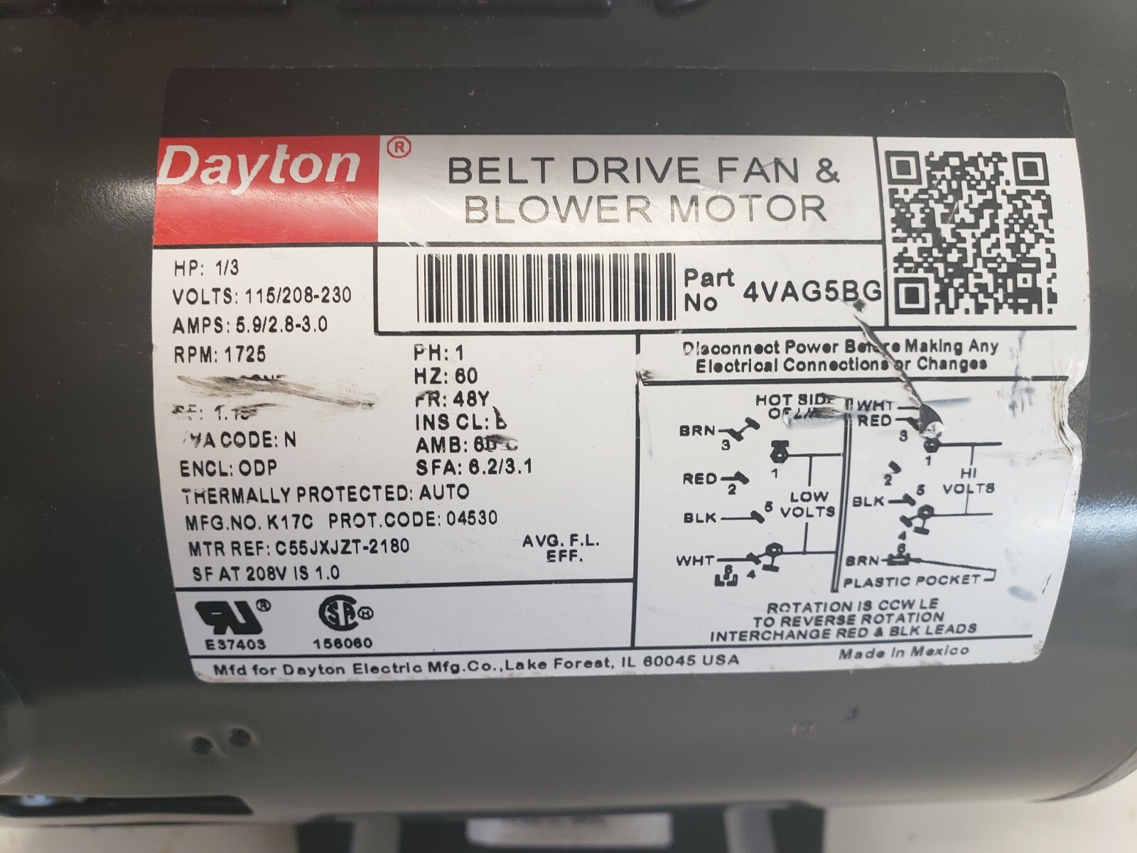 4VAG5 Dayton Belt Drive fan blower motor 115/208-230v 1/3hp (Scuffs/OLD ...