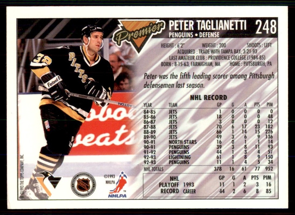 1993-94 Topps Premier Peter Taglianetti Pittsburgh Penguins #248 NHL ...