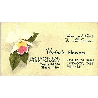 Victor's Flowers and Plants For All Occasions, Cypress CA Business Card ...