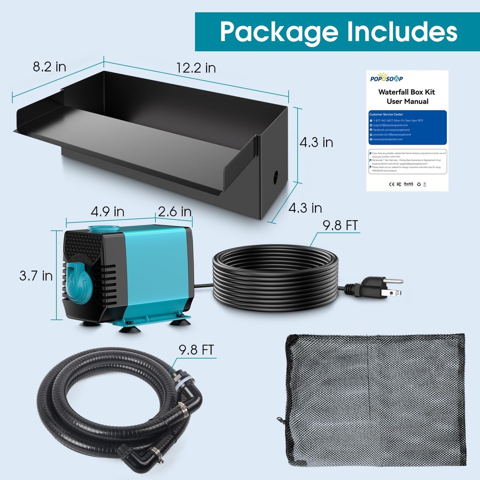 Pond Waterfall Box with Pump Kit, 304 Stainless Steel Pond Waterfall ...