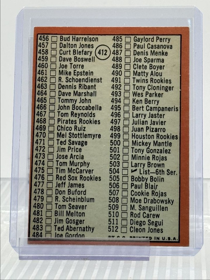 5TH SERIES CHECKLIST 1969 TOPPS #412 MLB BASEBALL MICKEY MANTLE Q0883 ...