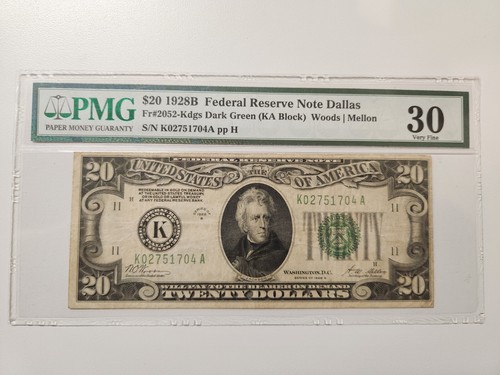 FR. 2052-Kdgs 1928B $20 DALLAS FRN PMG 30 VF S/N K02751704A | eBay