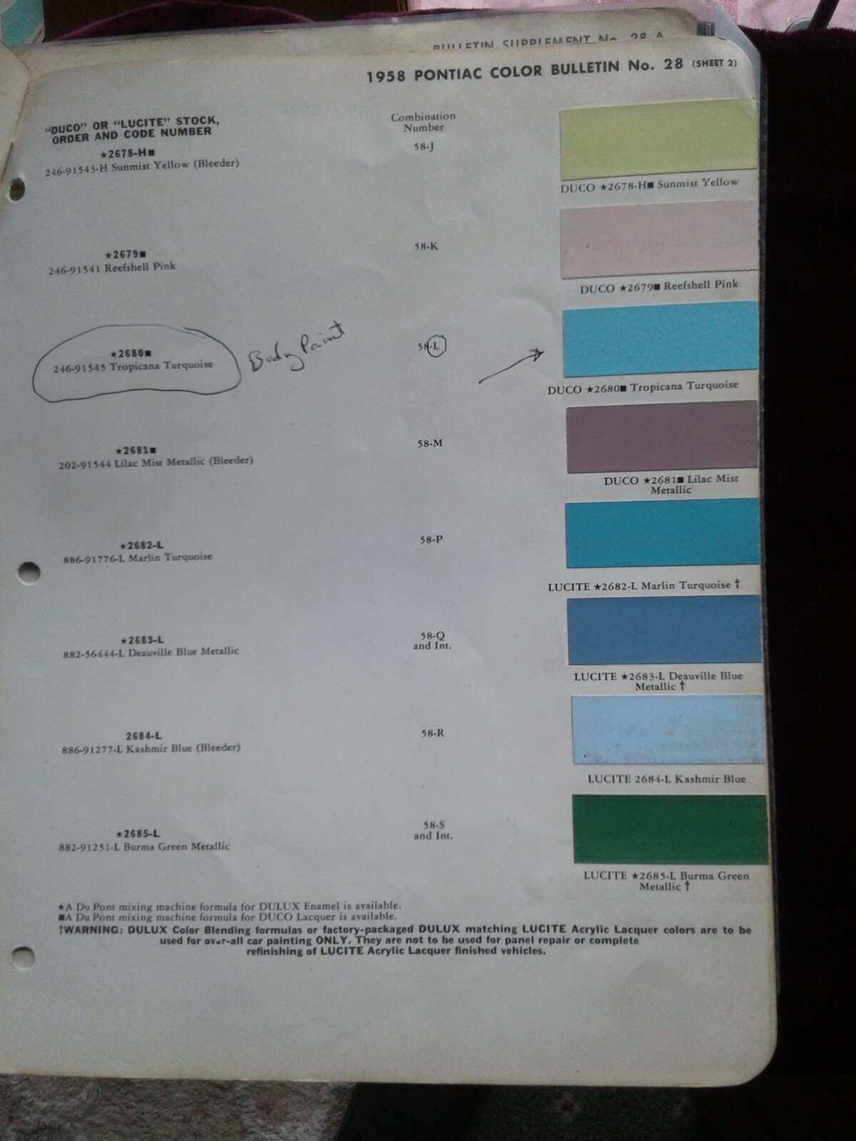 1958 PONTIAC COLOR BULLETINS 3 PAGES OF DUPONT COLOR CHIPS & 1954-57 ...