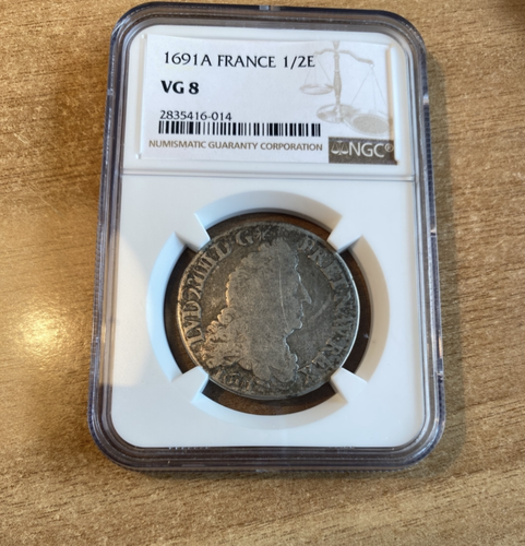 1691 FRANCE King LOUIS XIV Crown Antique Genuine French 1/2 Ecu Coin ...