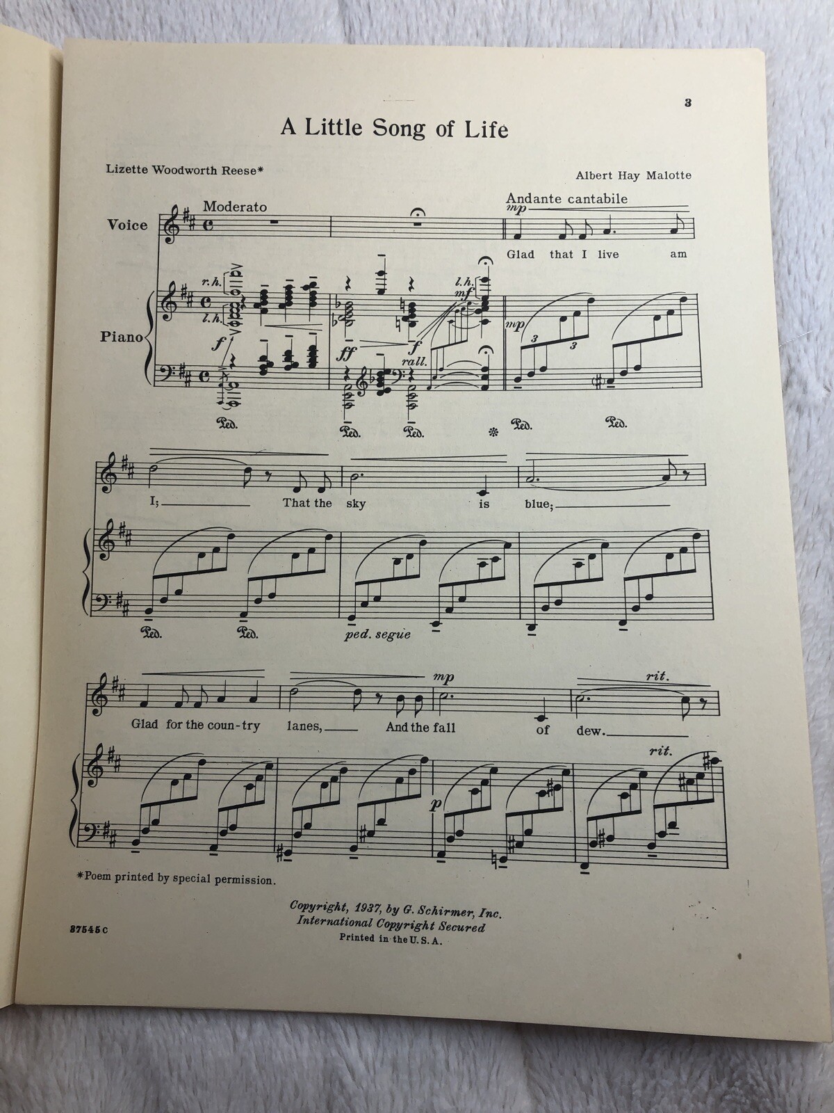 A Little Song of Life Albert Malotte 1937 Medium Voice Vocal Sheet ...